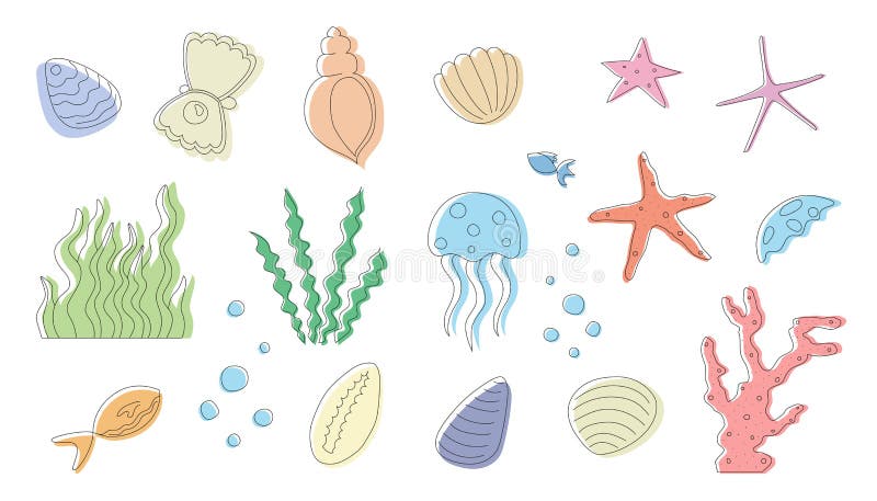 Drawings with Underwater Elements, Set of Elements Stock Vector ...