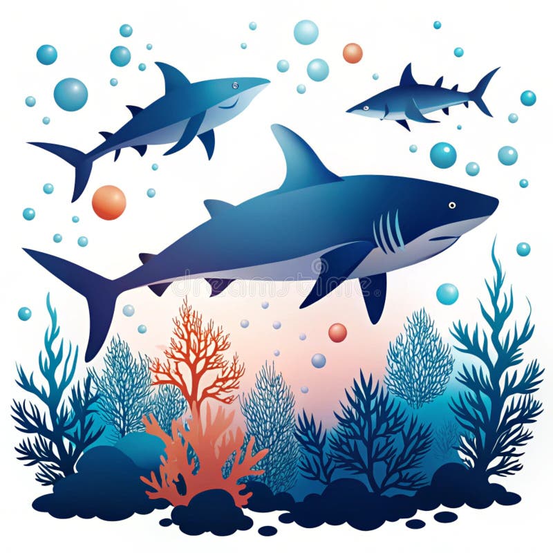 Underwater Shark Scene with Coral Reefs and Bubbles Stock Photo - Image ...