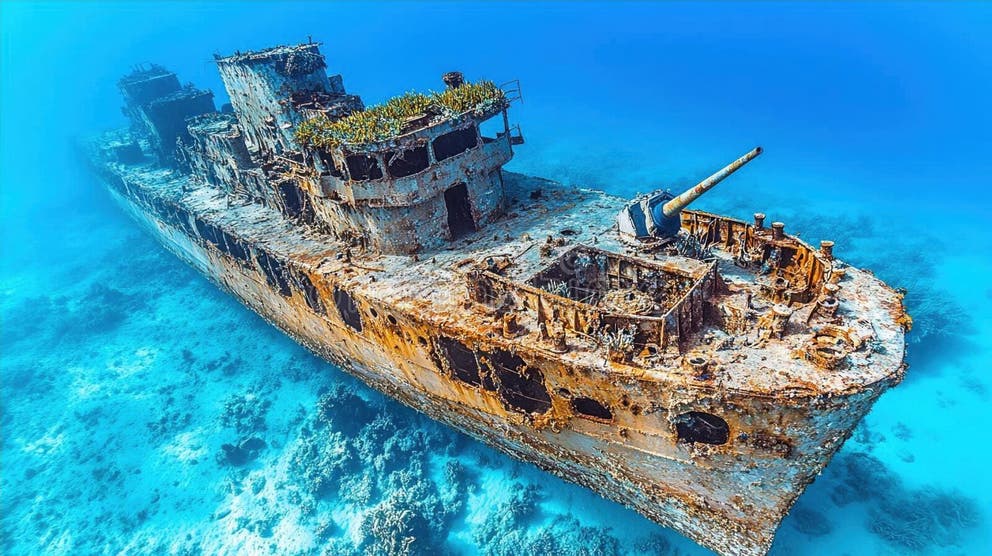Underwater Shipwreck in a Coral Reef Stock Photo - Image of metal ...