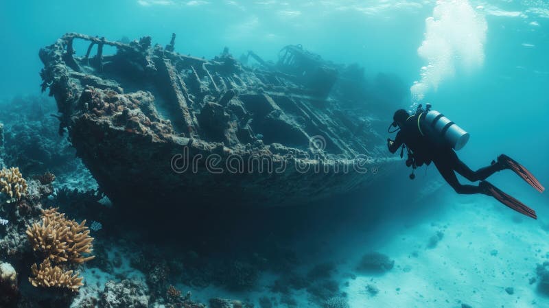 Underwater Shipwreck Exploration, Diver Examining Wreck Stock Image ...