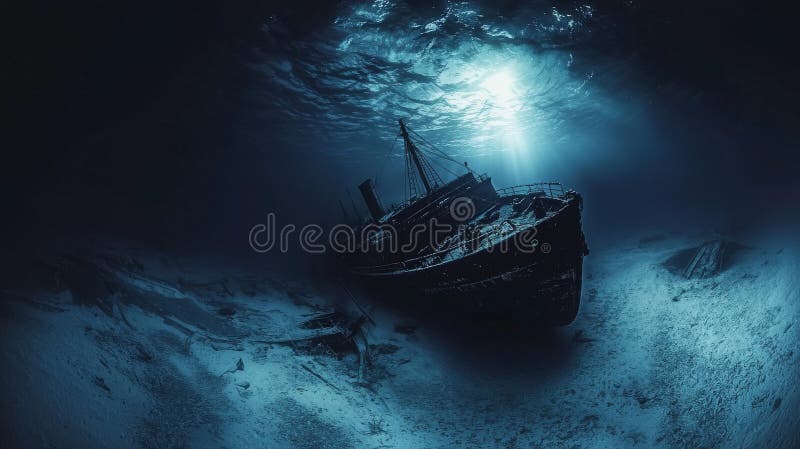 Underwater Shipwreck Exploration, Ocean Adventure, Silhouettes of ...