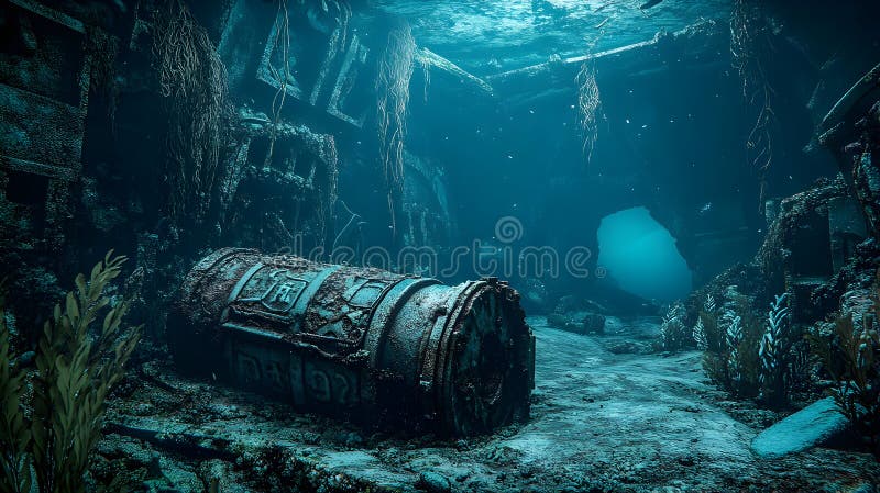 Underwater Shipwreck with Rusted Barrel and Seaweed in Deep Ocean Stock ...