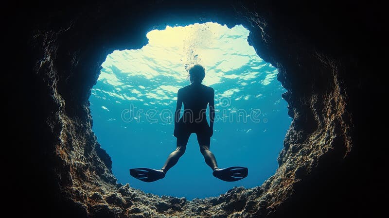 Underwater Silhouette of Diver Emerging from Ocean Cave Stock ...
