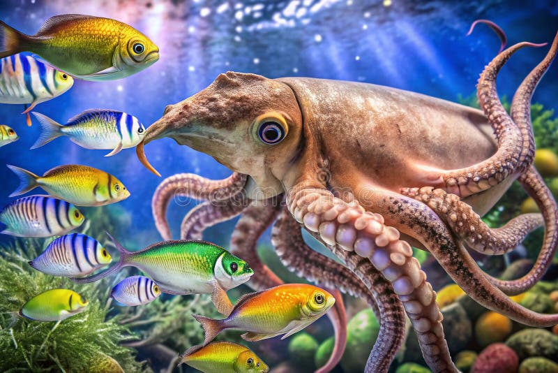 Underwater Squid, Fish, Coral Reef, Vibrant Marine Life Stock ...