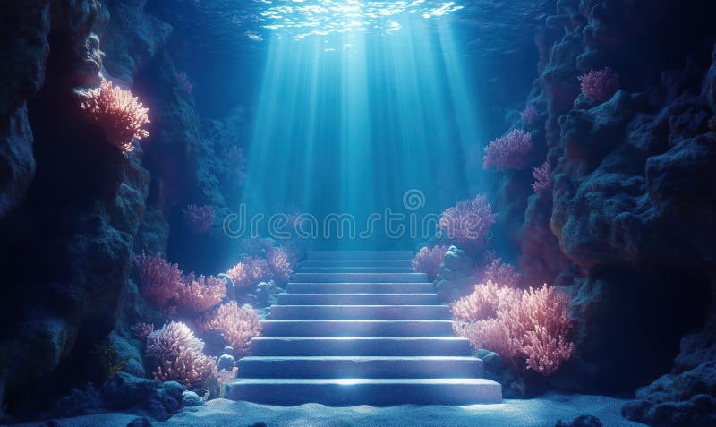 Underwater Staircase Surrounded by Vibrant Coral Reefs and Illuminated ...