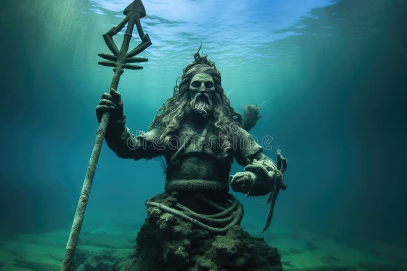 Underwater Statue of Poseidon with Trident Stock Illustration ...