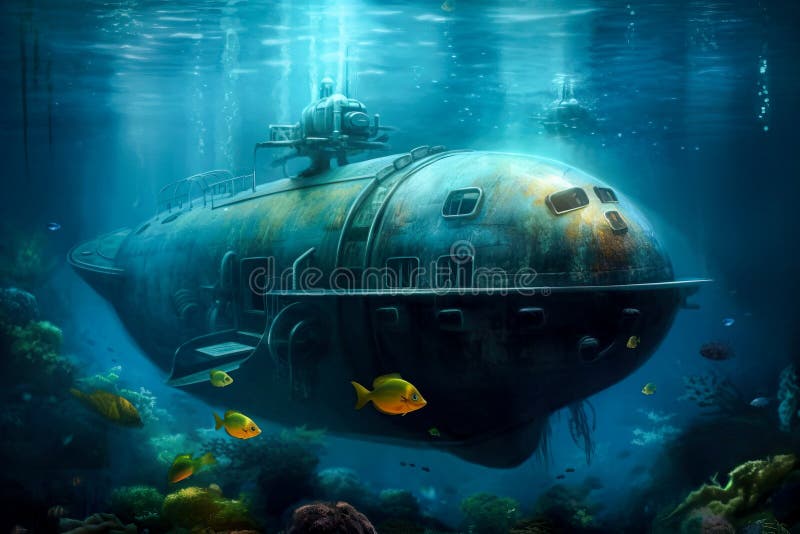 Underwater Submarine in the Deep Blue Water. Underwater World Stock ...