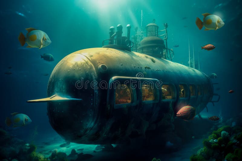 Underwater Submarine in the Deep Blue Water. Underwater World Stock ...