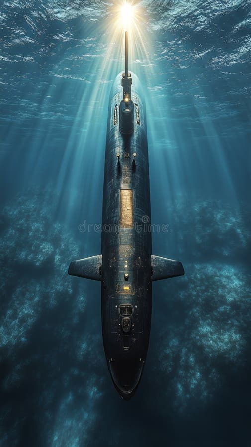 Submarine in the Deep Ocean with Rays of Sunlight Penetrating the Water ...