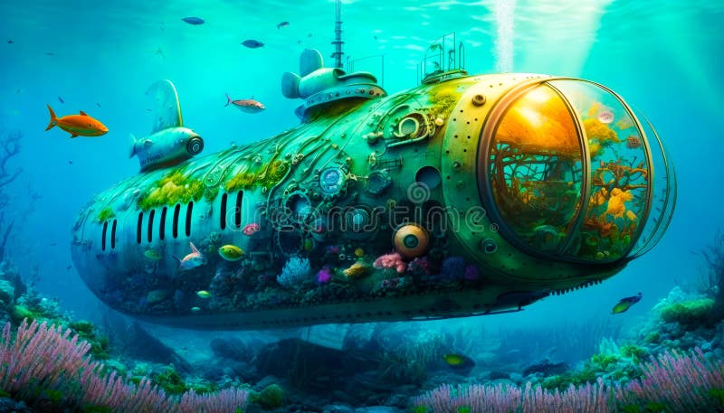An Underwater Submarine with Fish and Coral. Generative AI Stock Image ...