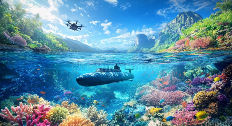 Underwater, a Submarine is Navigating through a Coral Reef Ecosystem ...