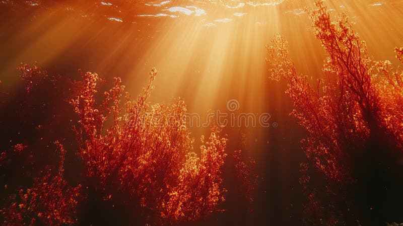 Underwater Sunbeams Illuminating Red Aquatic Plants Stock Image - Image ...