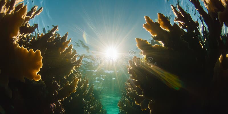 Underwater Sunlight Streaming through Vibrant Golden Coral Reef Stock ...