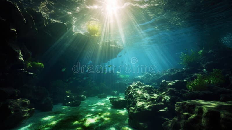Underwater Sunlight through the Water Surface Seen from a Rocky Seabed ...