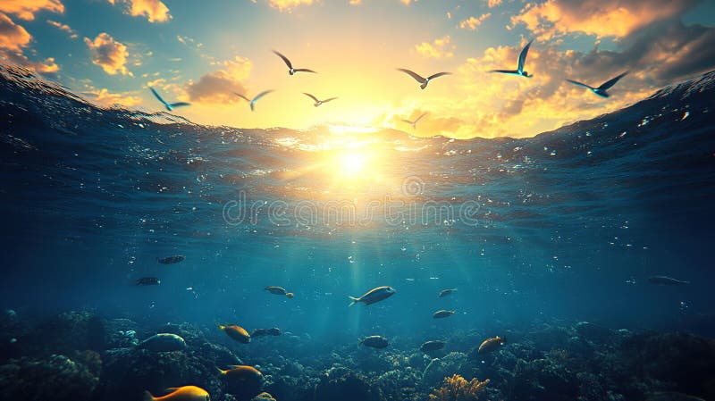 Underwater Sunrise View of Coral Reef with Birds Flying Above Stock ...