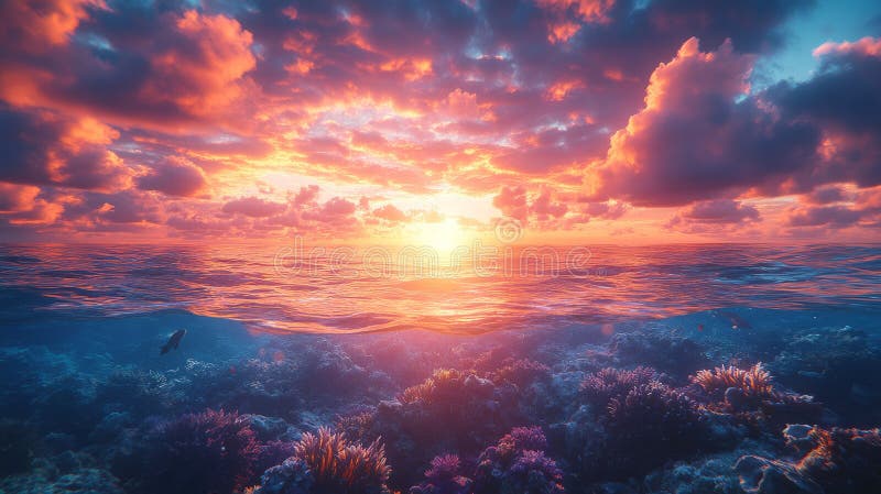 Underwater and Sunset Separated by the Water Line at Sunset Stock ...