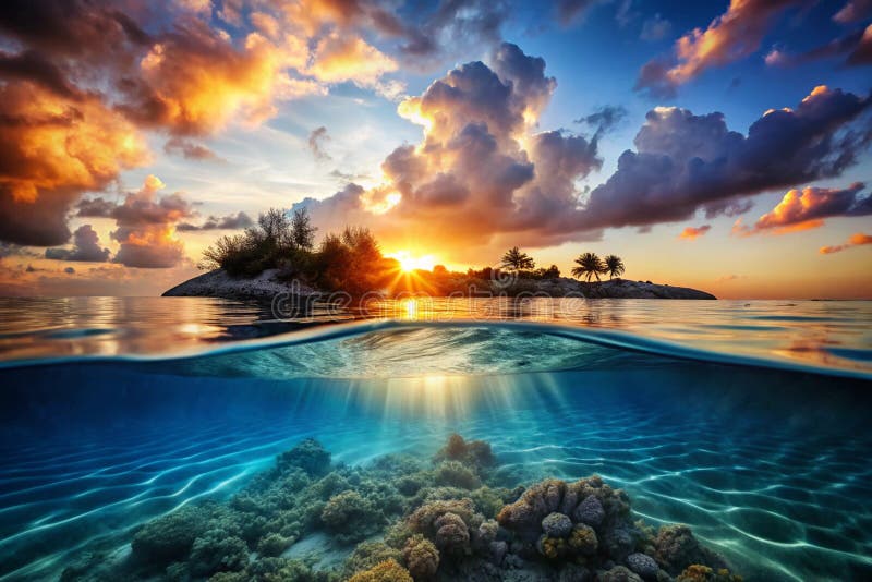 Underwater and Sunset Split Design Template with Waterline Stock ...