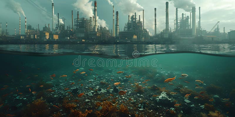 Underwater and Surface View of a Polluted Ocean with Industrial ...