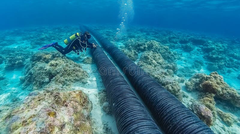 Underwater Telecommunication, Diver Inspects Data Cable on Ocean Floor ...