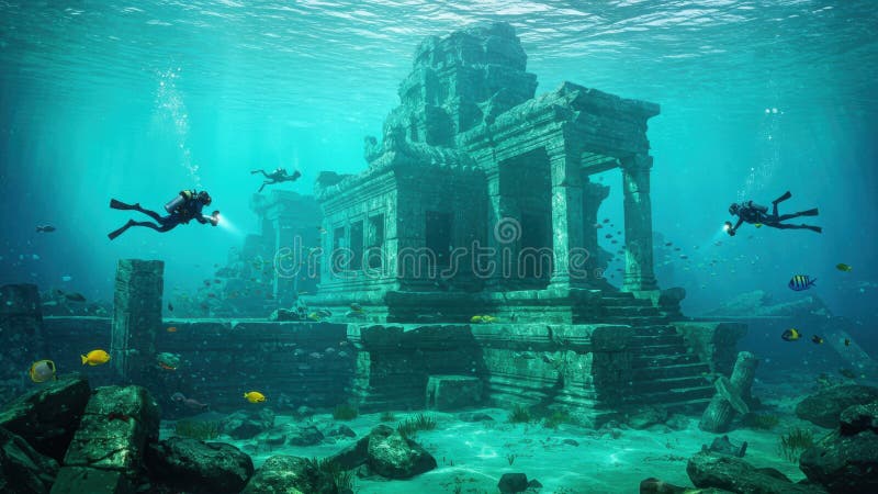 Underwater Temple Explorers Stock Illustration - Illustration of ...