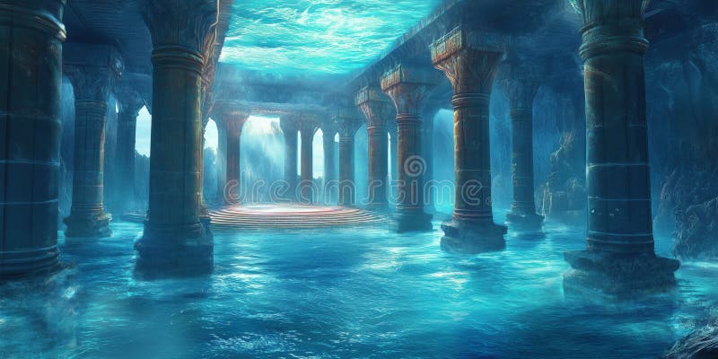 Underwater Temple with Illuminated Pillars and Serene Blue Water ...