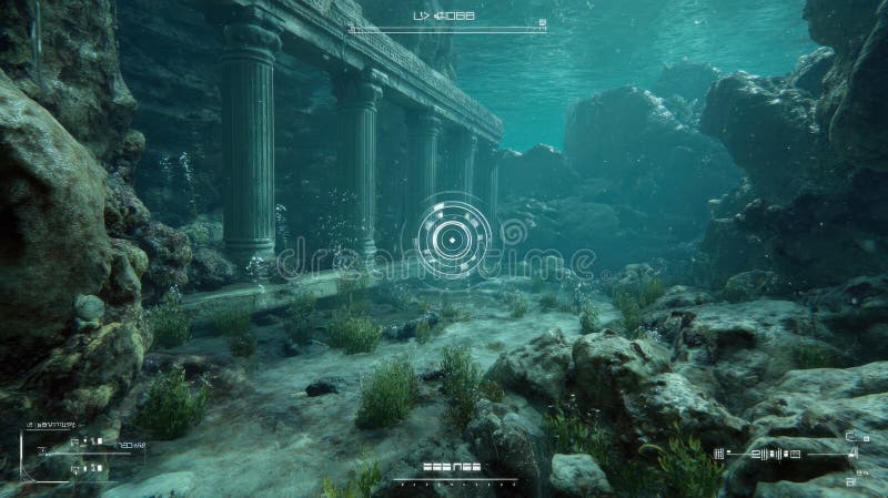 Underwater Temple Ruins Covered in Sediment with Digital Interface ...