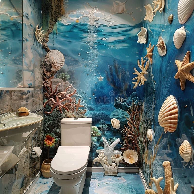Underwater Themed Bathroom with Ocean Mural and Seashell Decorations ...