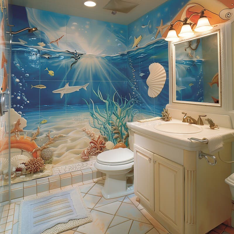 Underwater Themed Bathroom with Ocean Mural and Seashell Decorations ...