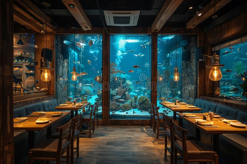 Underwater-themed Restaurant with Aquarium Walls and Marine Decor Stock ...