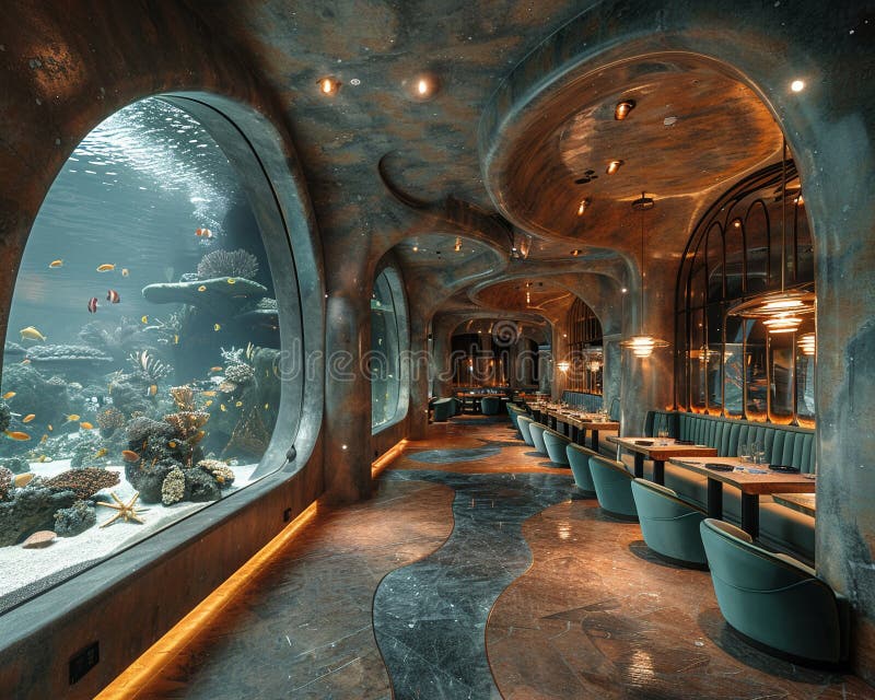 Underwater-themed Restaurant with Aquarium Walls and Marine Decor Stock ...