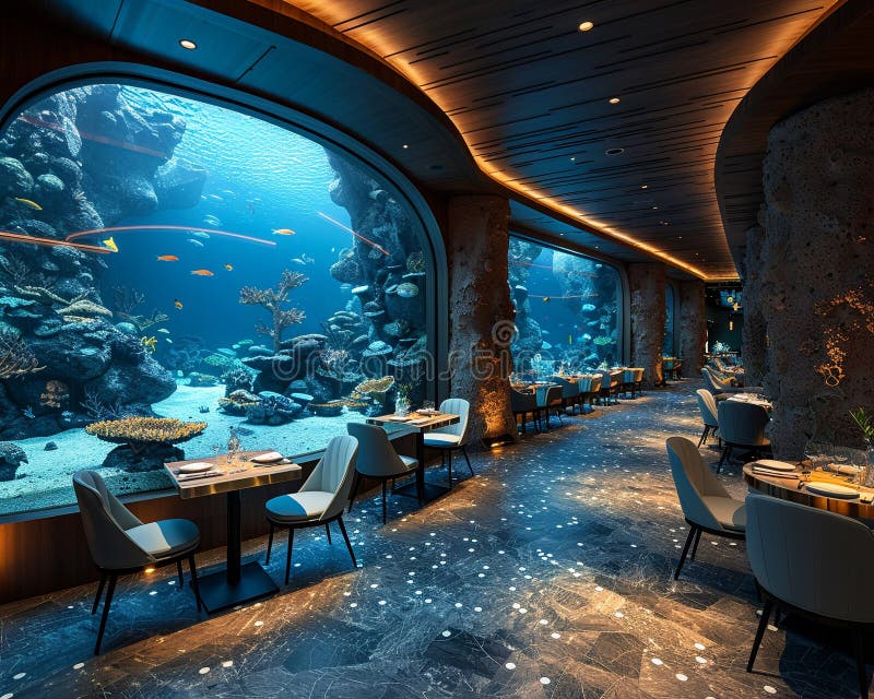 Underwater-themed Restaurant with Aquarium Walls and Marine Decor Stock ...