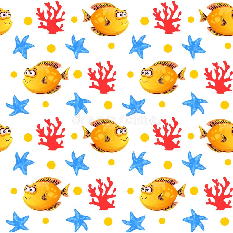 Underwater Themed Seamless Pattern with Yellow Fish, Coral, Bubbles ...