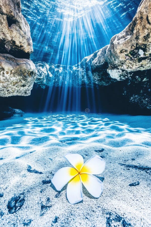Underwater Tranquility: Plumeria Flower on Sandy Ocean Floor with ...