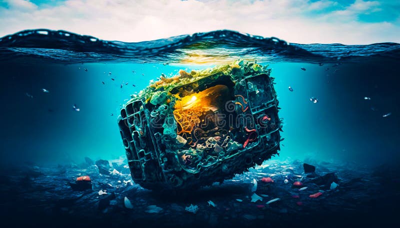 An Underwater Trash Can Floating in the Ocean Generative AI. Stock ...