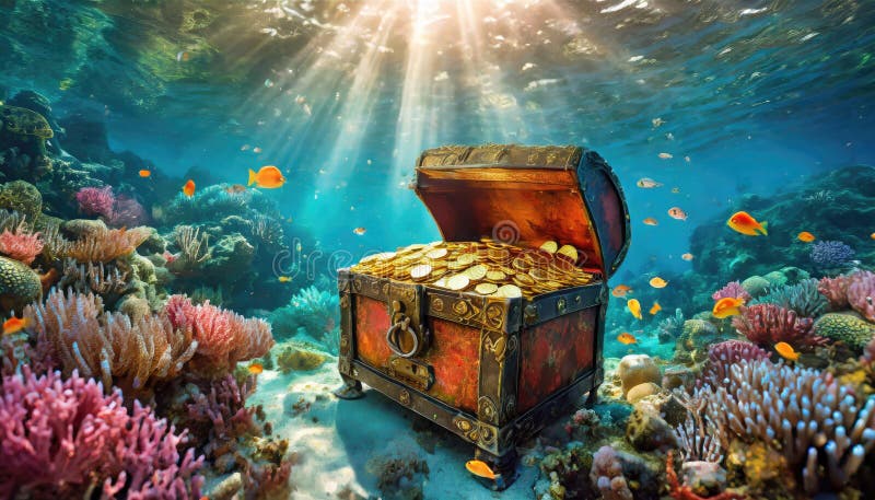 Underwater Treasure Chest Surrounded by Coral Reef and Small Fish ...