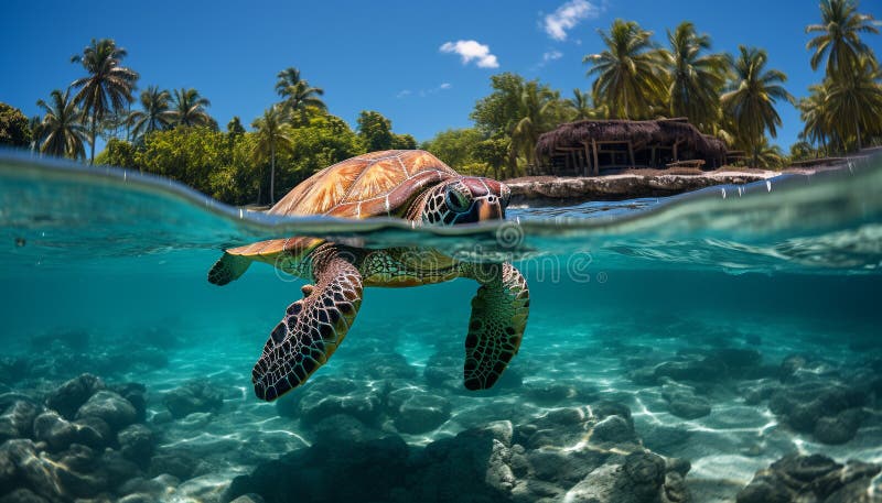 Underwater Turtle Swimming in Blue Sea, Tropical Reef Adventure ...