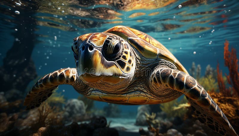Underwater Turtle Swimming in the Deep Sea, Exploring the Coral Reef ...