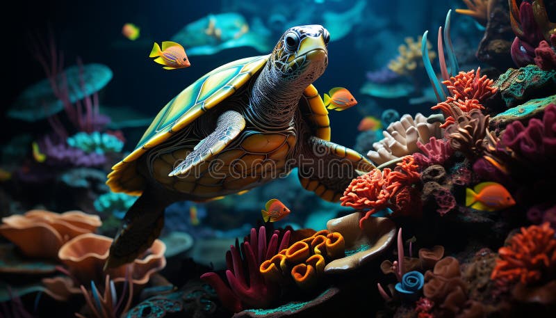 Underwater Turtle Swimming in Nature Multi Colored Coral Reef Generated ...