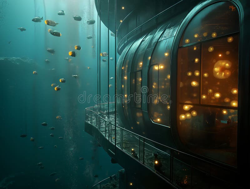 Underwater Vault with Glowing Lights and Marine Life Stock Illustration ...