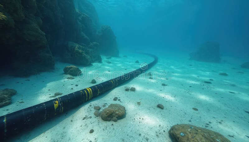 Underwater View of Black Cable Resting on Sandy Ocean Floor ...