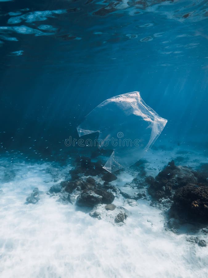 Underwater View in Transparent Ocean with Plastic Bag and Rubbish ...