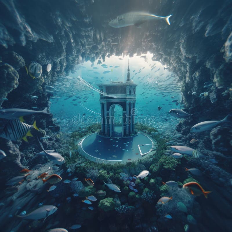 An Underwater View of a Building Surrounded by Fish. Generative AI ...