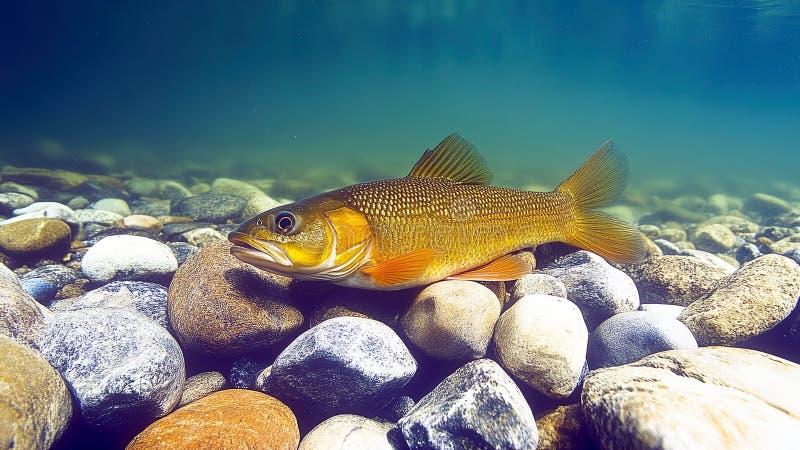 Underwater View of a Colorful Fish Resting on Smooth Pebbles in a Clear ...