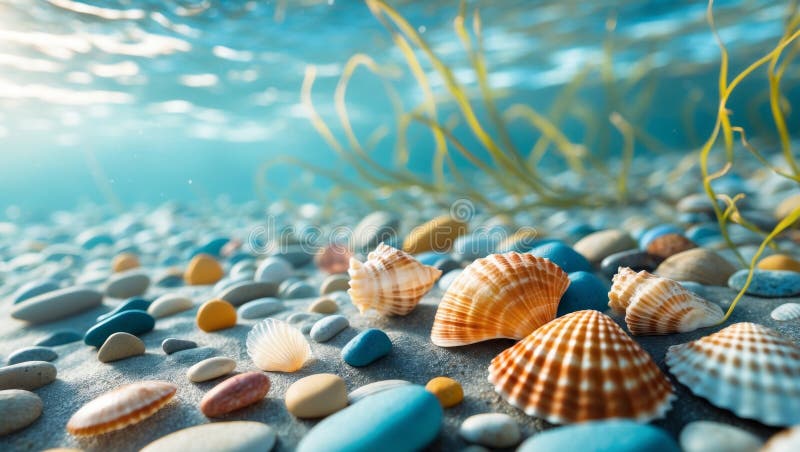 Underwater View of Colorful Pebbles and Shells in Shimmering Clear Blue ...