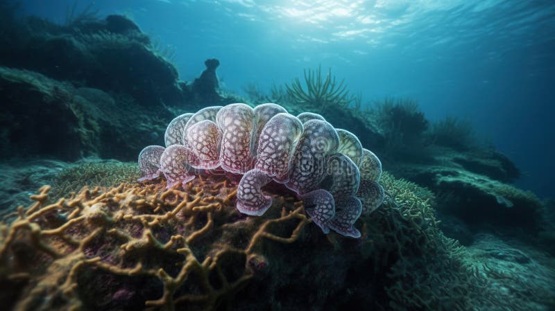 An Underwater View of a Coral with a Person in the Background Stock ...