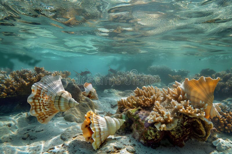 An Underwater View of a Coral Reef with Seashells Scattered Throughout ...