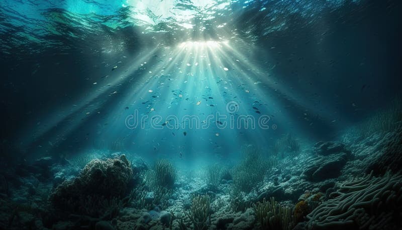An Underwater View of a Coral Reef with Sunlight Streaming through the ...