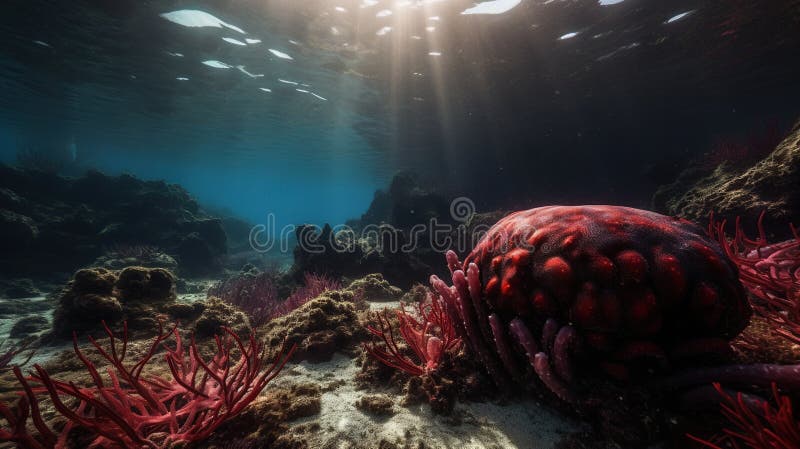 An Underwater View of a Coral Reef with Seaweed and Sponges Stock Photo ...