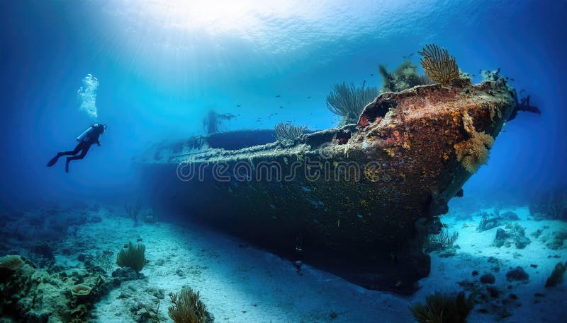 Underwater View of a Diver Exploring a Shipwreck Surrounded by Marine ...