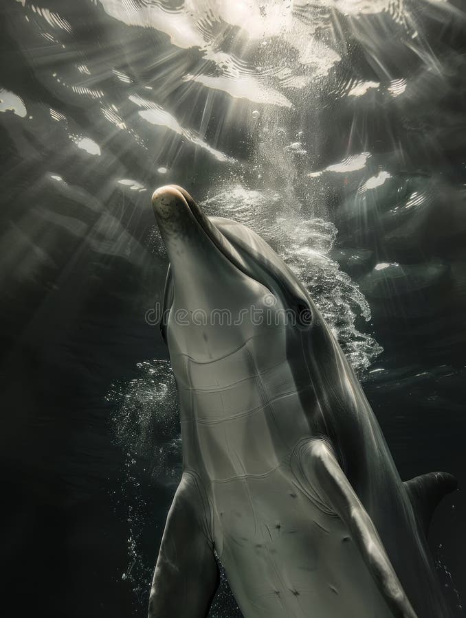 Underwater View of a Dolphin Emerging with Sunlit Waters Above Stock ...